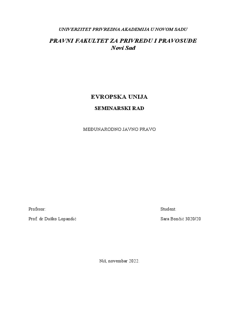 Seminarski Rad ,,evropska Unija'' - Sara Bončić | PDF
