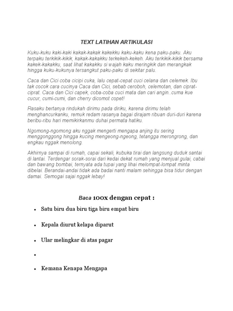 Text Latihan Artikulasi | PDF