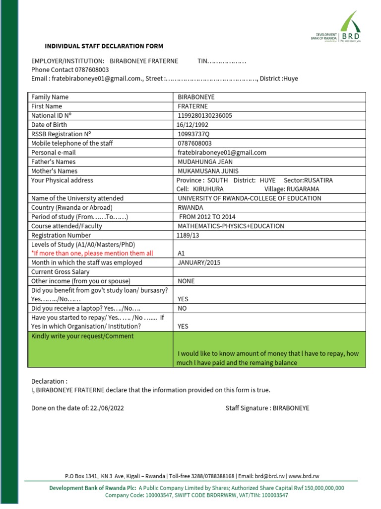 Individual Staff Declaration Form: If More Than One, Please Mention ...