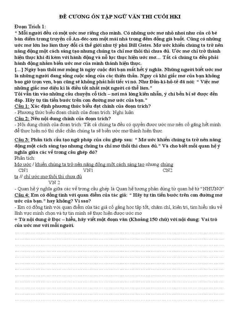 Đề Cương Ôn Tập Ngữ Văn Thi Cuối Hki | PDF