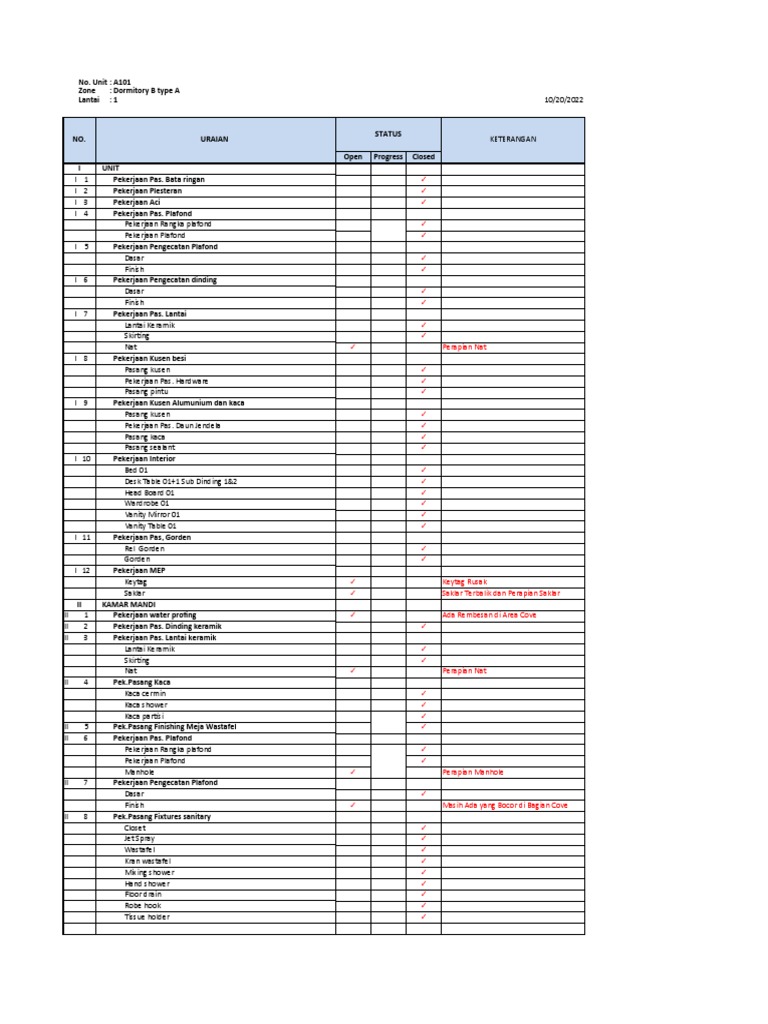 Checklist Dorm B Type A (Vip Lounge Belum) | PDF
