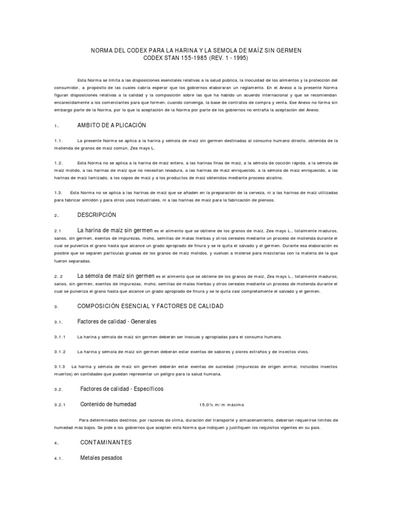 Norma Codex para La Elaboracion de Harina y Semola de Maiz Sin Germen ...