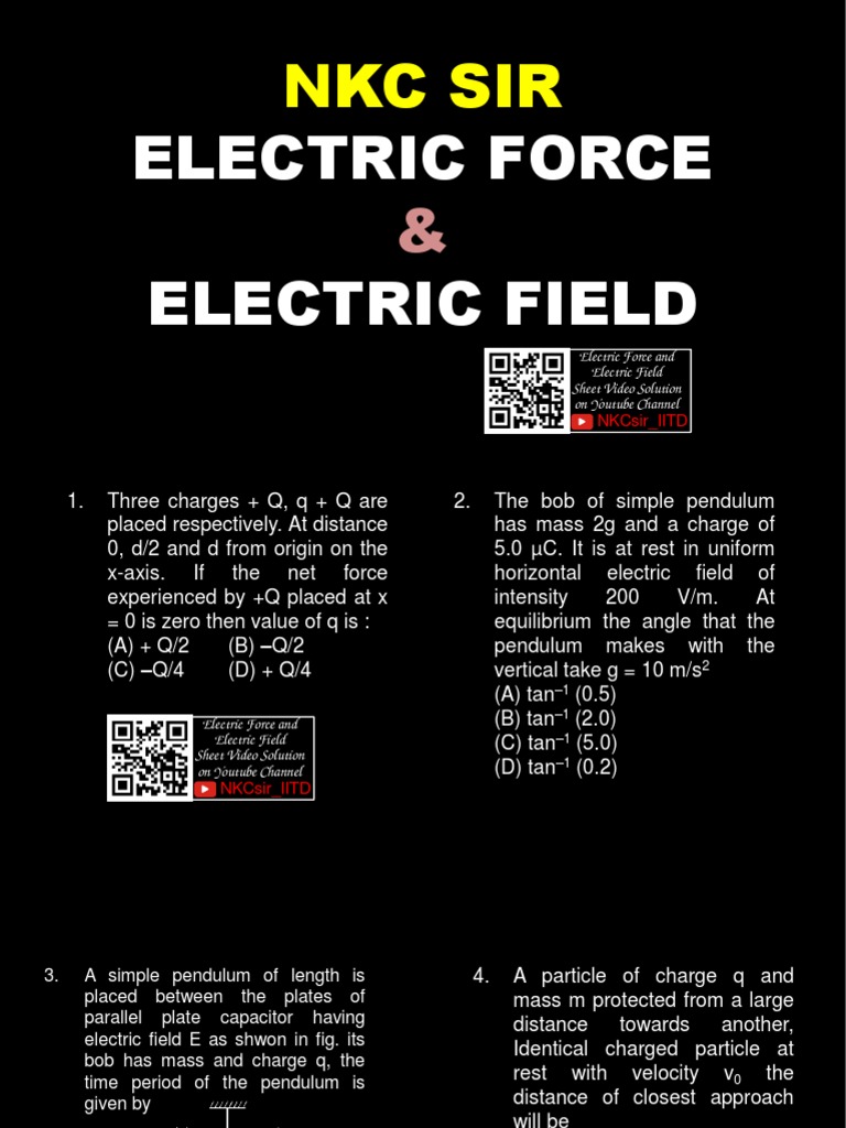 Electric Force and Electric Field Sheet Video Solution | PDF | Electric Field | Force