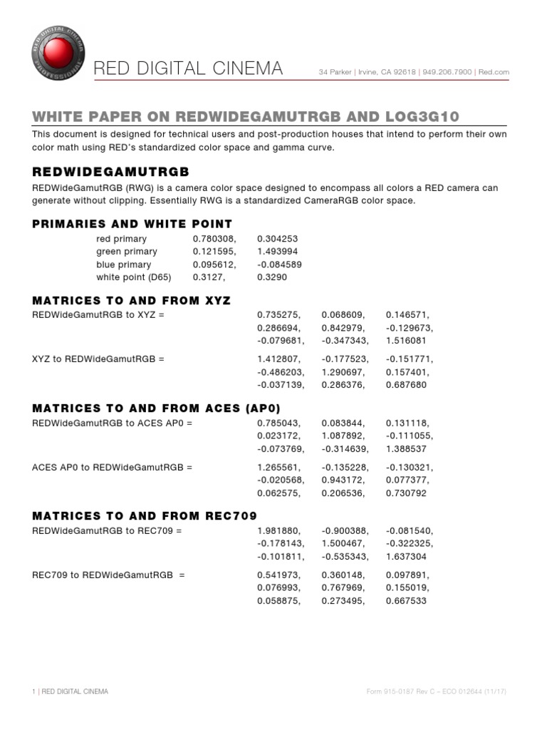 915-0187 Rev-C RED OPS, White Paper On REDWideGamutRGB and Log3G10 ...