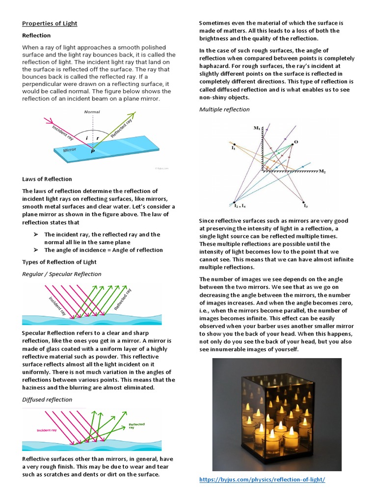 Properties of Light Handout 1 | PDF | Reflection (Physics) | Refraction