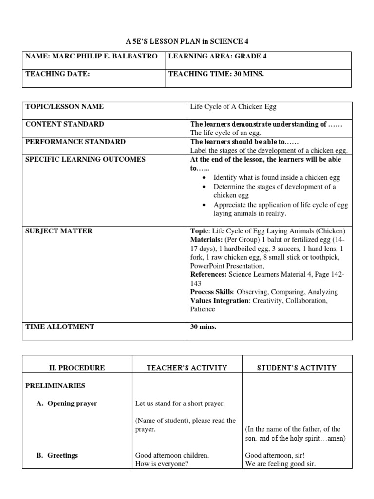 5 E's Lesson Plan in Science | PDF | Egg | Yolk