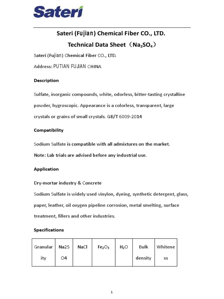 Anhydrous Sodium Sulfate - TDS by Sateri | PDF
