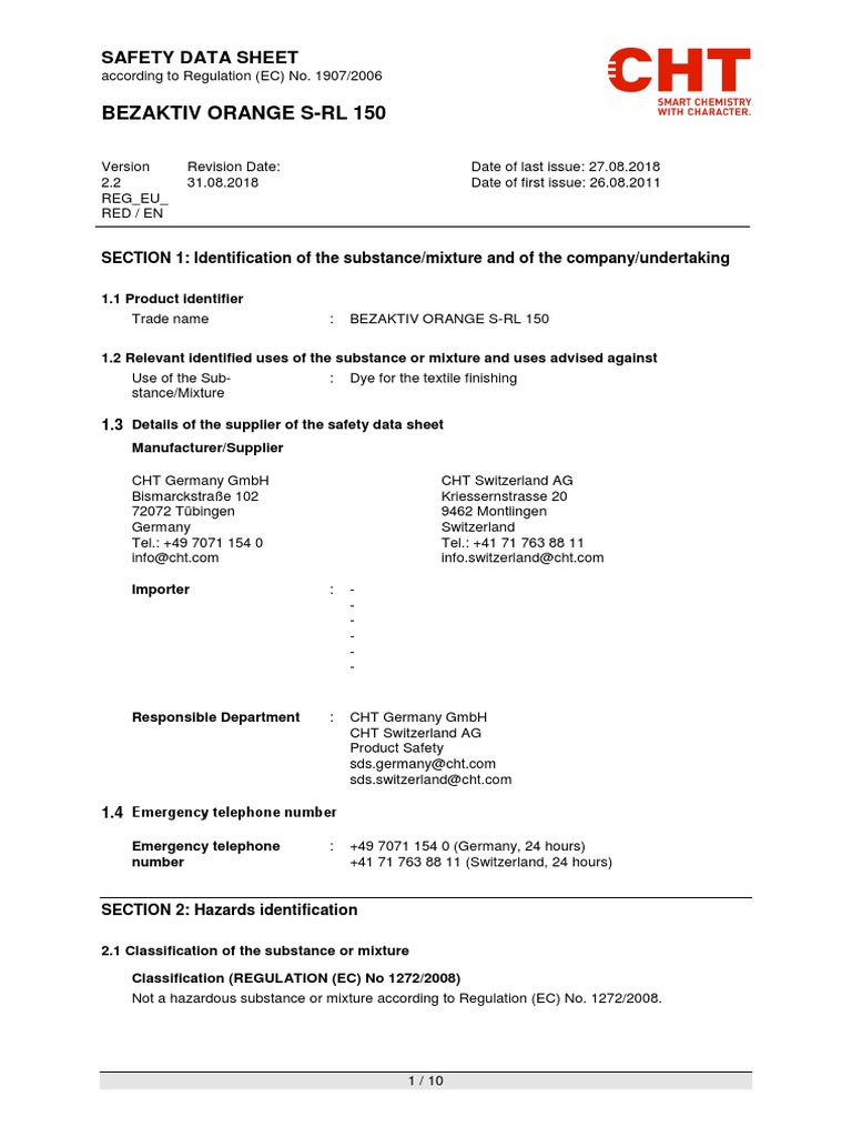 Bezaktiv Orange S-RL 150 - MSDS | PDF | Dangerous Goods | Toxicity