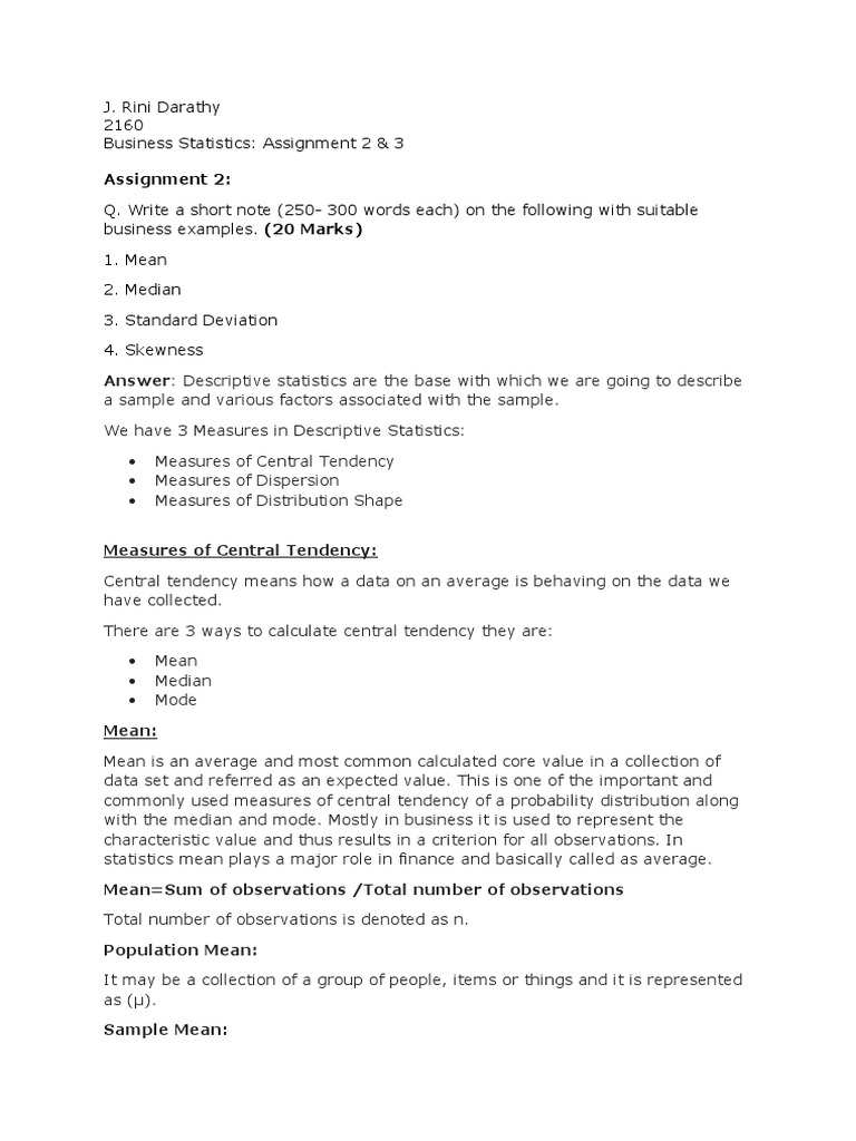 Business Statistics Assignment 2 & 3 | PDF | Mean | Standard Deviation