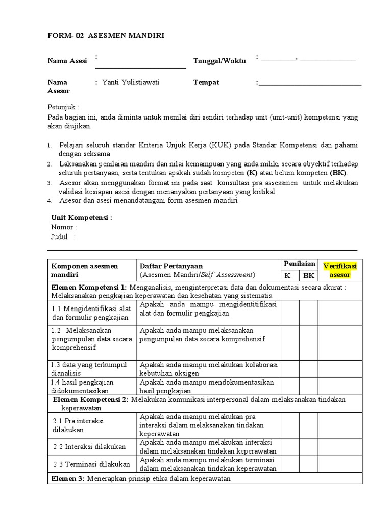 FORM-02 Asesmen Mandiri PK 1 | PDF