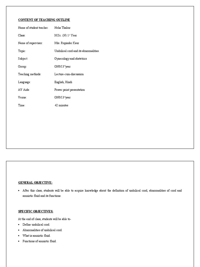 Lesson Plan Umbilcal Cord | PDF | Fetus | Placenta