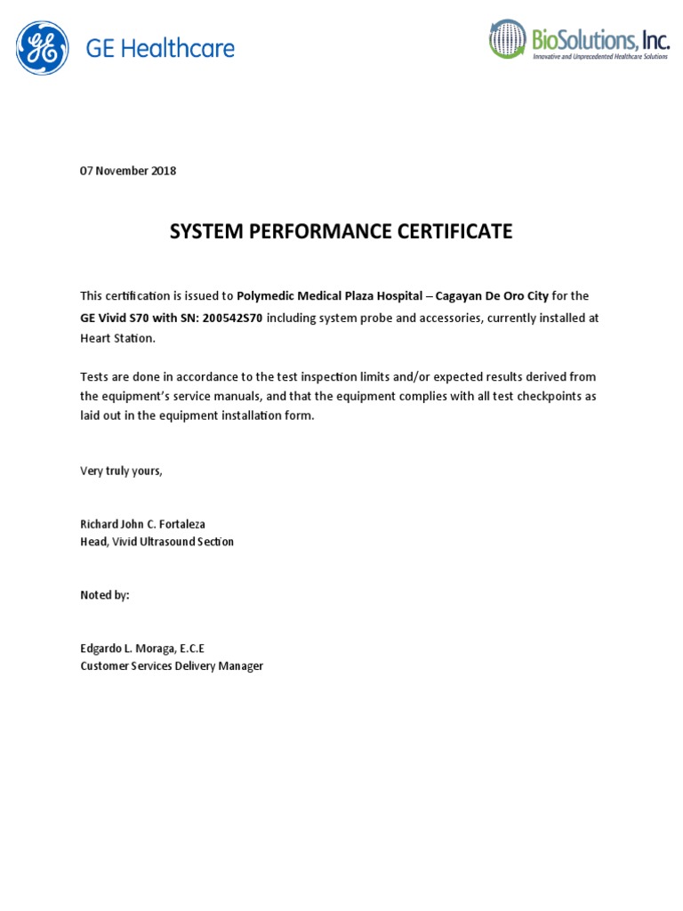 Certificate of System Performance Vivid S70 | PDF