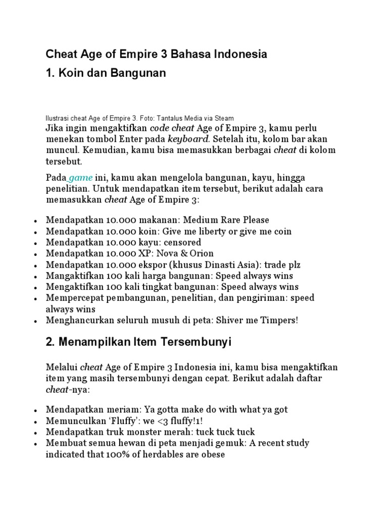 Cheat Age of Empire 3 Bahasa Indonesia | PDF