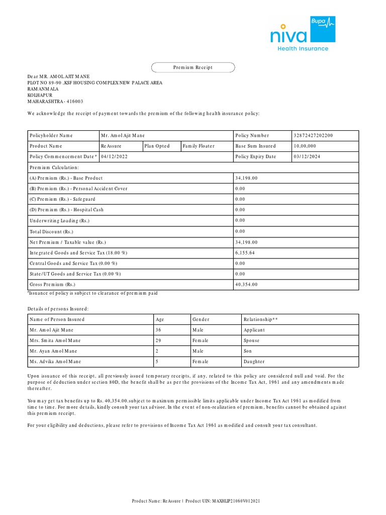 Premium Receipt | PDF | Insurance | Taxes