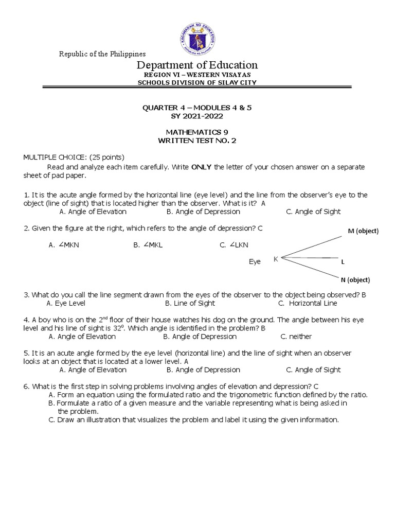 Math Test: Angles & Elevation | PDF | Line (Geometry) | Triangle