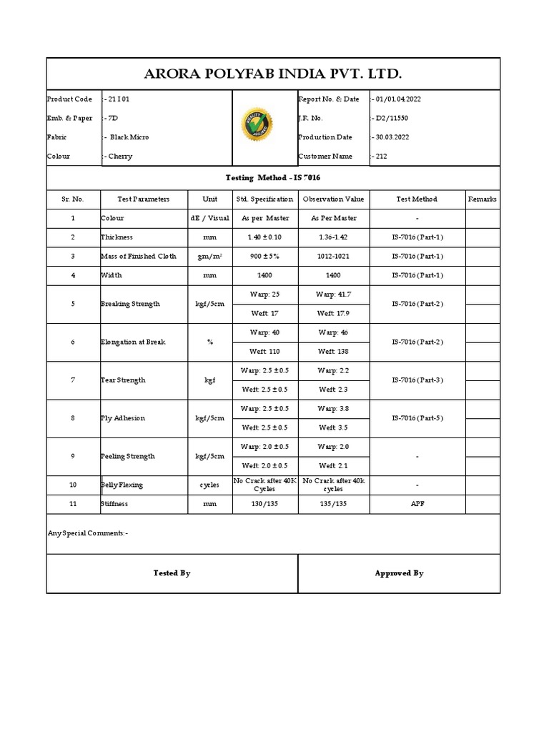 Arora Polyfab India Pvt Ltd fabric testing report | PDF | Textiles ...