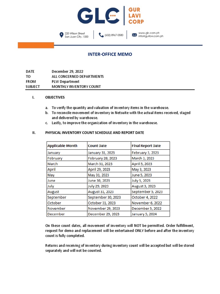 2023 Inventory Count Schedule | PDF