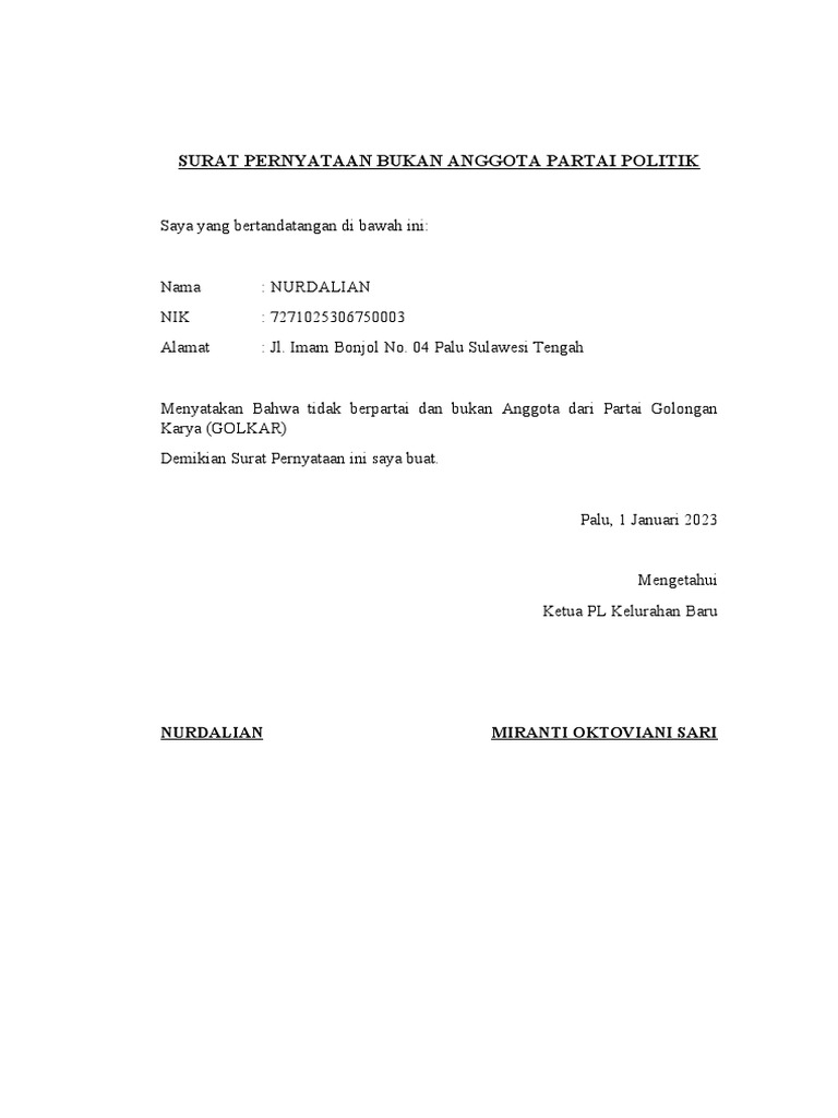 Surat Pernyataan Bukan Anggota Partai Politik | PDF