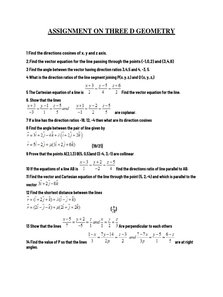 ASSIGNMENT ON THREE D GEOMETRY Clss 12 | PDF