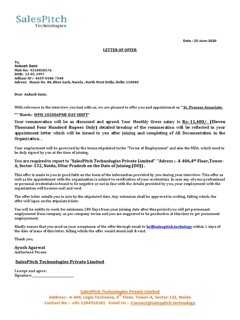 OfferLetter A | PDF | Private Law | Business