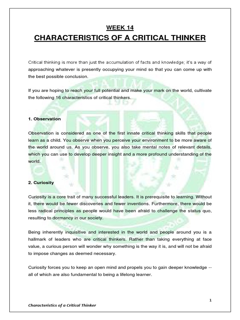 Week 14 CHARACTERISTICS OF CRITICAL THINKER | PDF | Critical Thinking ...