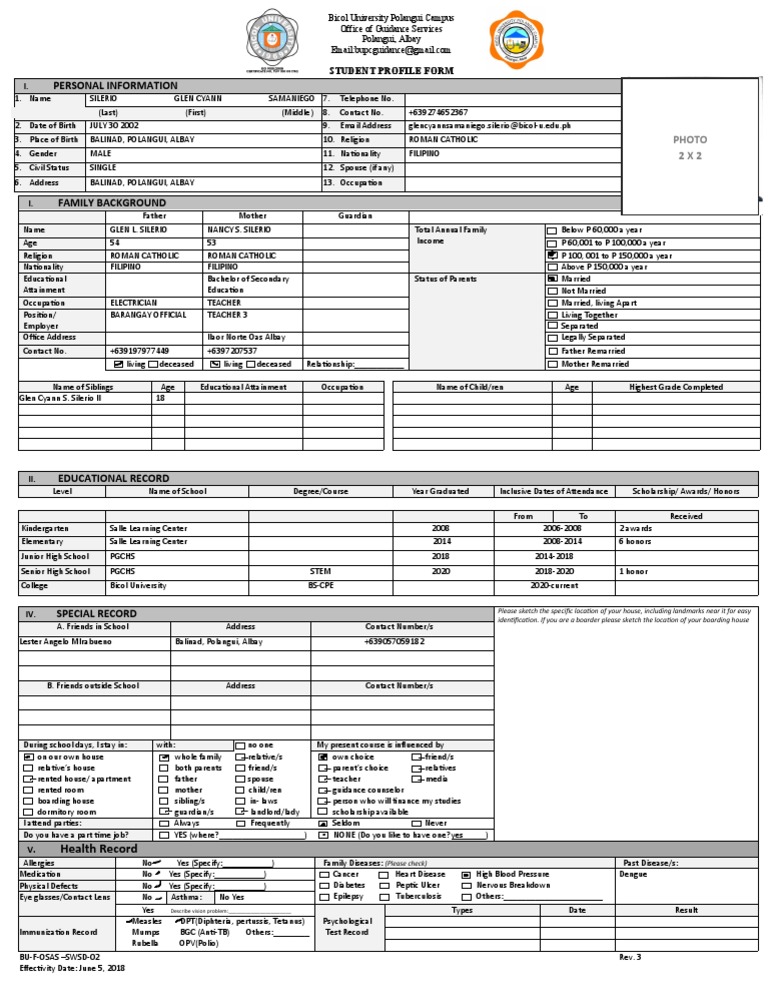 Bupc Student Profile Form | PDF | Family | Health Sciences