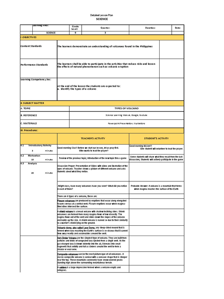 Detailed Lesson Plan 2 | Download Free PDF | Volcano | Lava