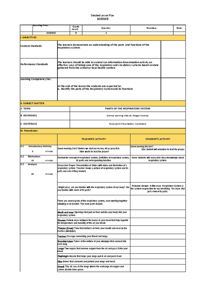 Detailed Lesson Plan 4 | PDF | Lung | Respiratory Tract