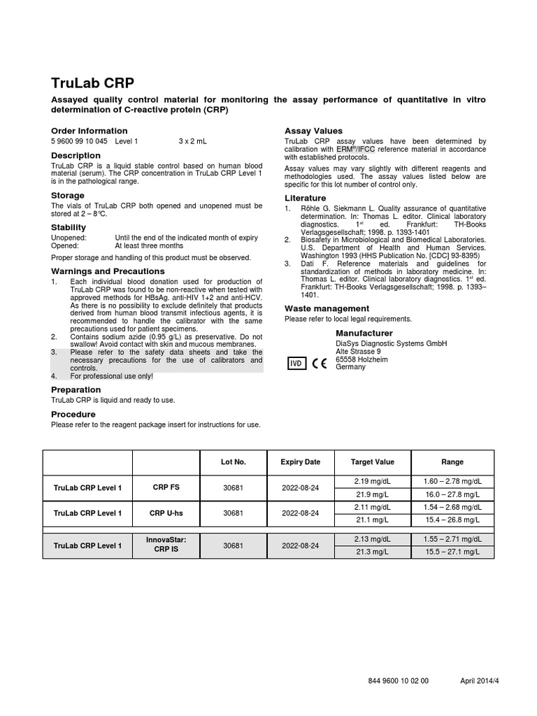 Trulab CRP: Lot No. Expiry Date Target Value Range | PDF | Assay | C ...