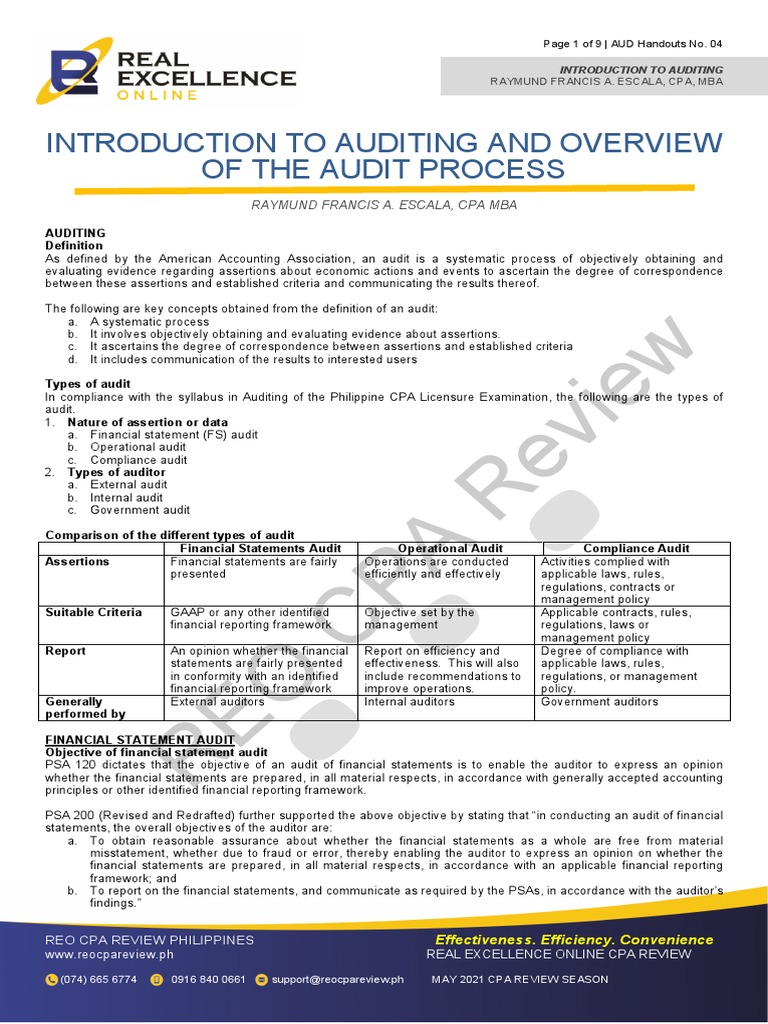 Reo Cpa Review Introduction To Auditing And Overview Of The Audit Process Pdf Financial
