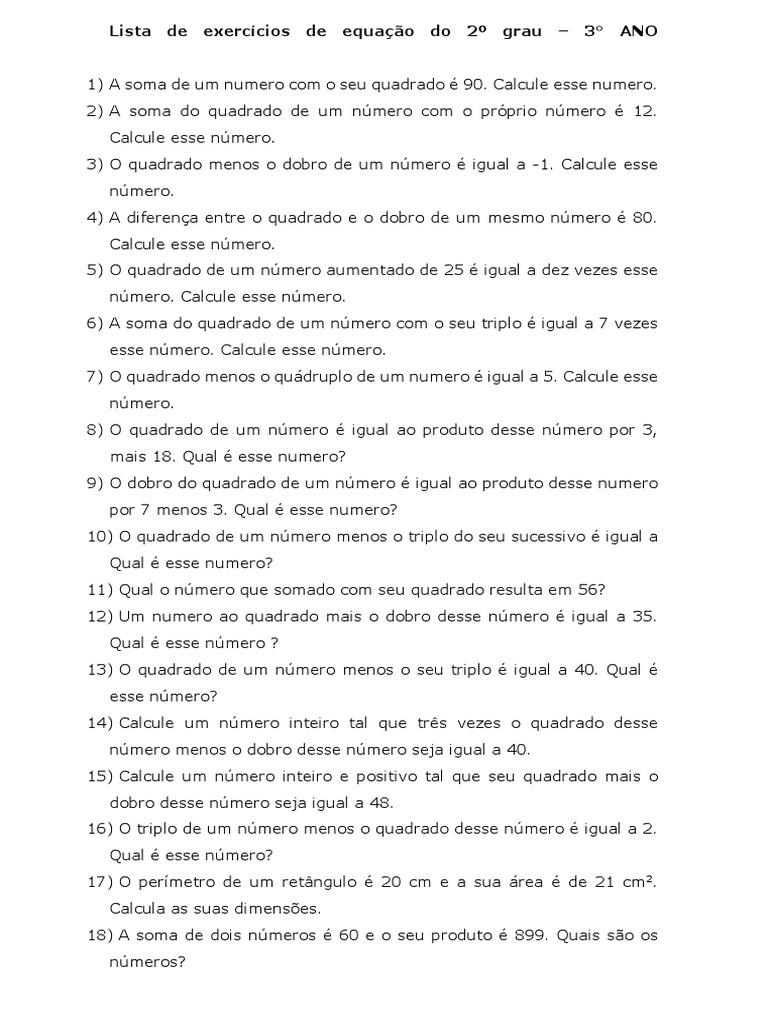 Lista 3° Ano - Equa Ção Do 2° Grau | PDF | Equações | Números