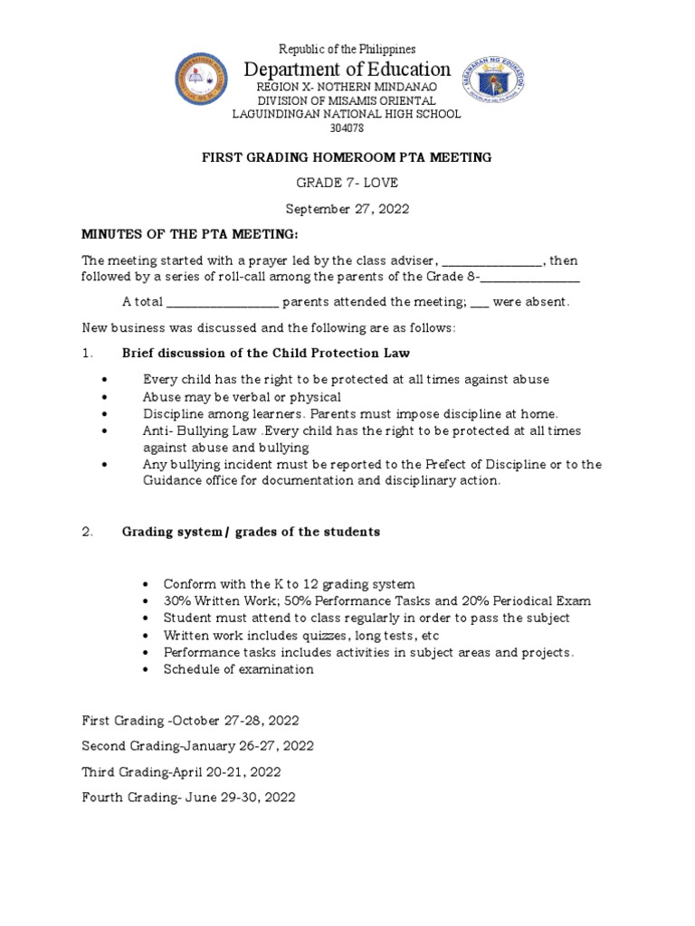 First Grading Homeroom Pta Meeting | PDF