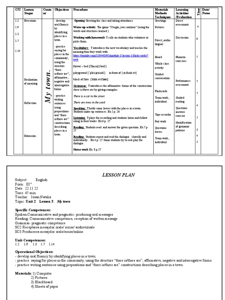3rd Form Lesson Plan My Town | PDF | Linguistics | Cognition