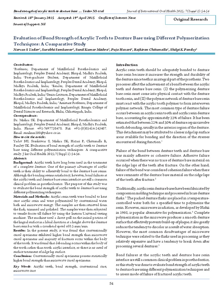 Bond Strength of Acrylic Teeth Study | PDF | Dentures | Dental Implant