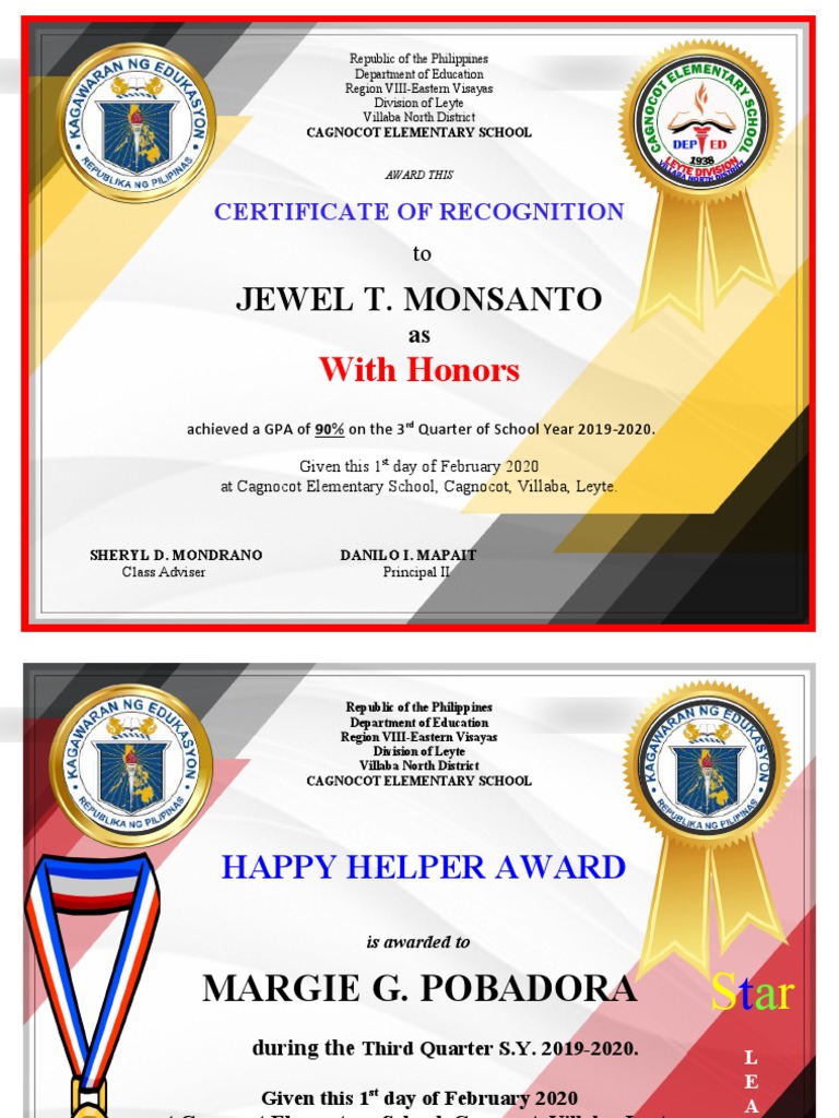 Cagnocot Elementary Recognition Awards | PDF
