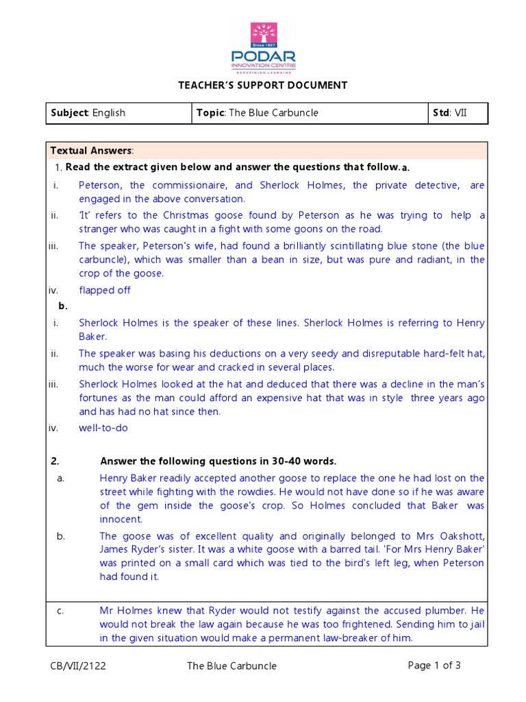 TSD - CB - VII - The Blue Carbuncle | PDF | Linguistic Morphology ...
