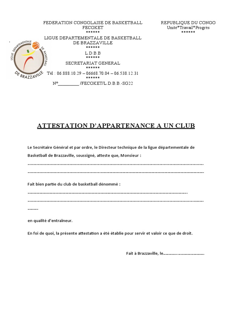 Attestation d'appartenance au club de basketball | PDF