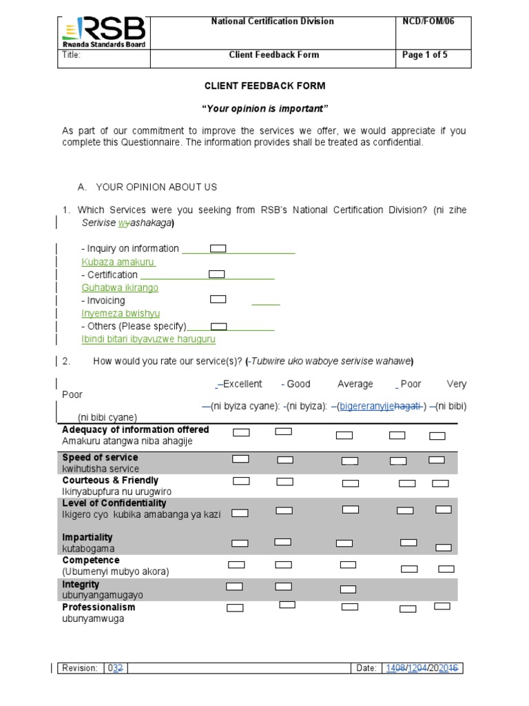 RSB Client Feedback Form | PDF