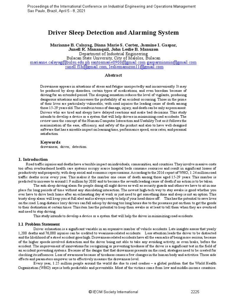 Driver Sleep Detection and Alarming System: Marianne - Calayag@bulsu - Edu.ph | PDF | Traffic ...