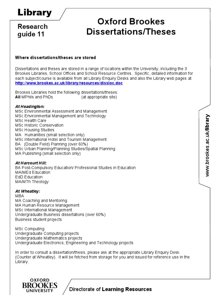 Oxford Brookes Dissertations/Theses: Research Guide 11 | PDF | Thesis | Libraries