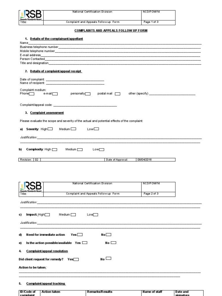 Complaints and Appeals Follow Up Form | PDF | Appeal