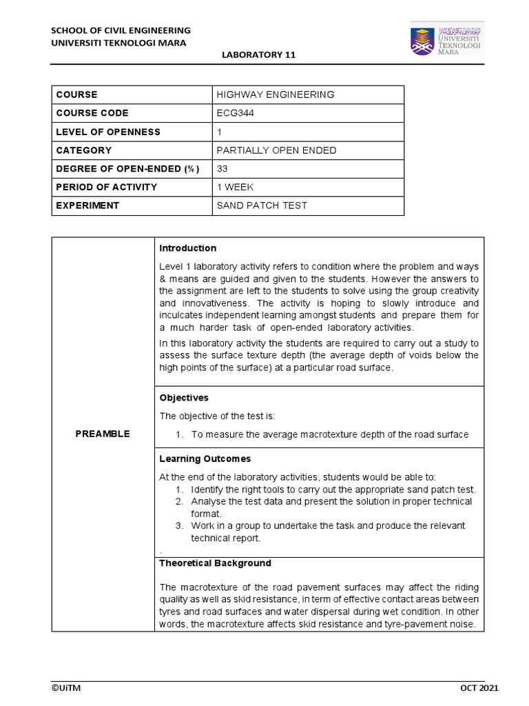 LAB 11 - Sand Patch Method OEL 1 | PDF | Road | Sand