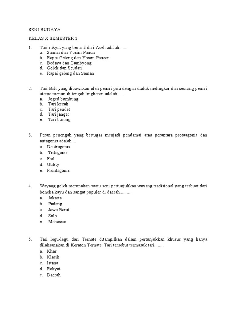Soal Seni Budaya Kelas X Semeter 2 (2022) | PDF