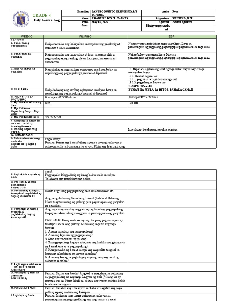 Grade 4: Daily Lesson Log | PDF
