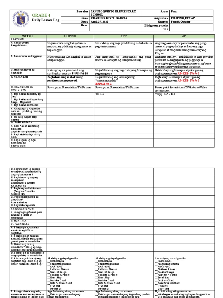 Grade 4: Daily Lesson Log | PDF