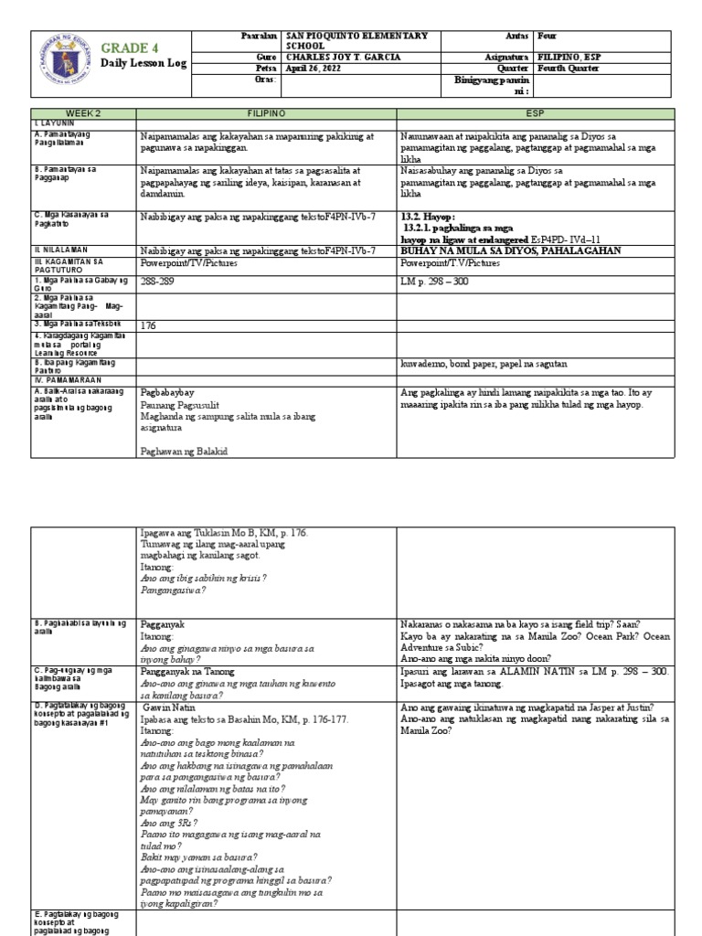 Grade 4: Daily Lesson Log | PDF