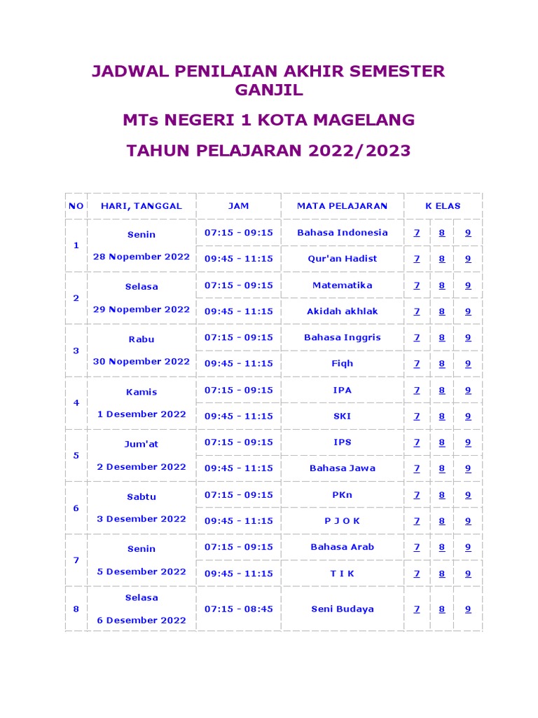 Jadwal Penilaian Akhir Semester Ganjil | PDF