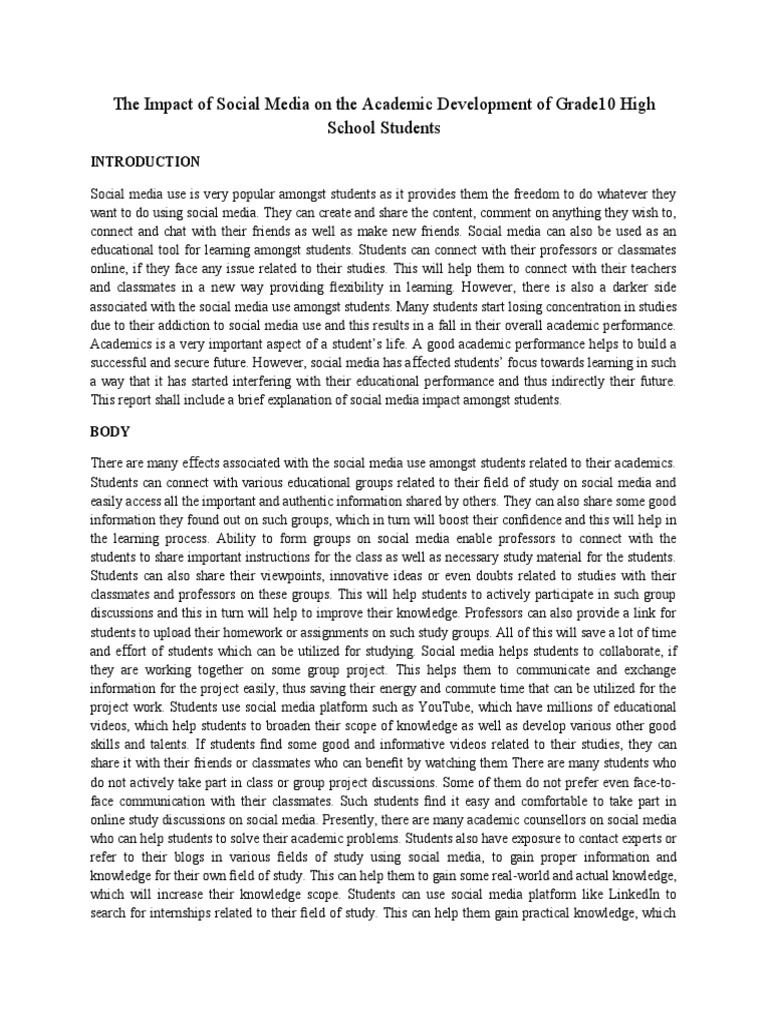 The Impact of Social Media On The Academic Development of Grade10 High ...
