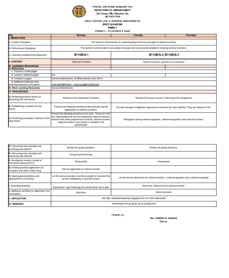Daily Lesson Log In General Mathematics For Grade 11 Students At Yobhel