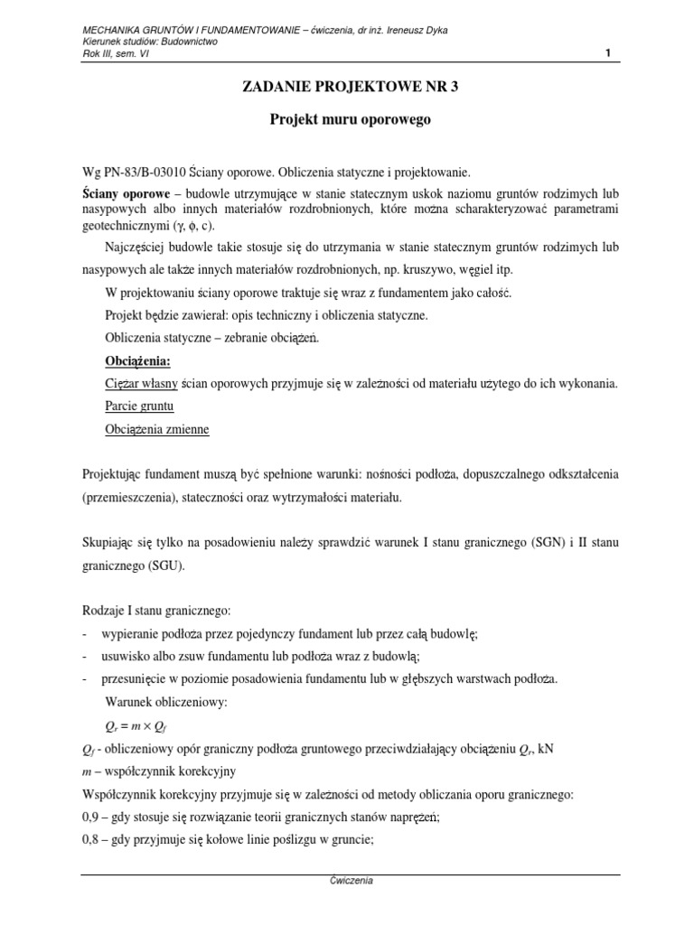 ZADANIE PROJEKTOWE NR 3. Projekt Muru Oporowego | PDF